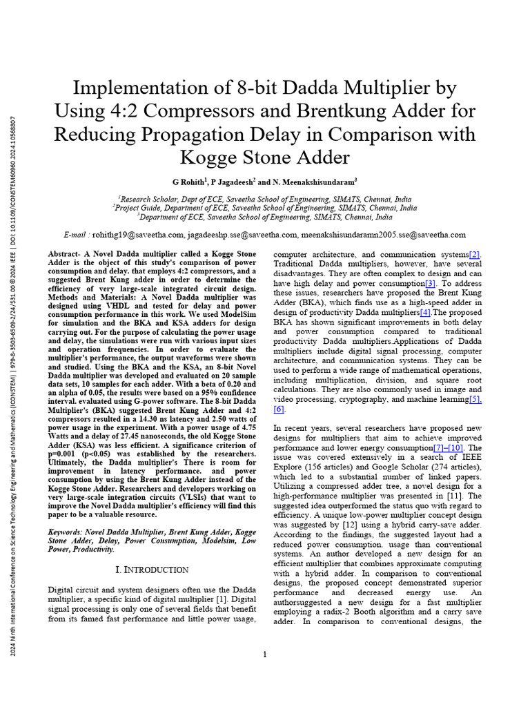 Dadda Multiplier Efficiency with BKA | PDF | Computer Engineering ...