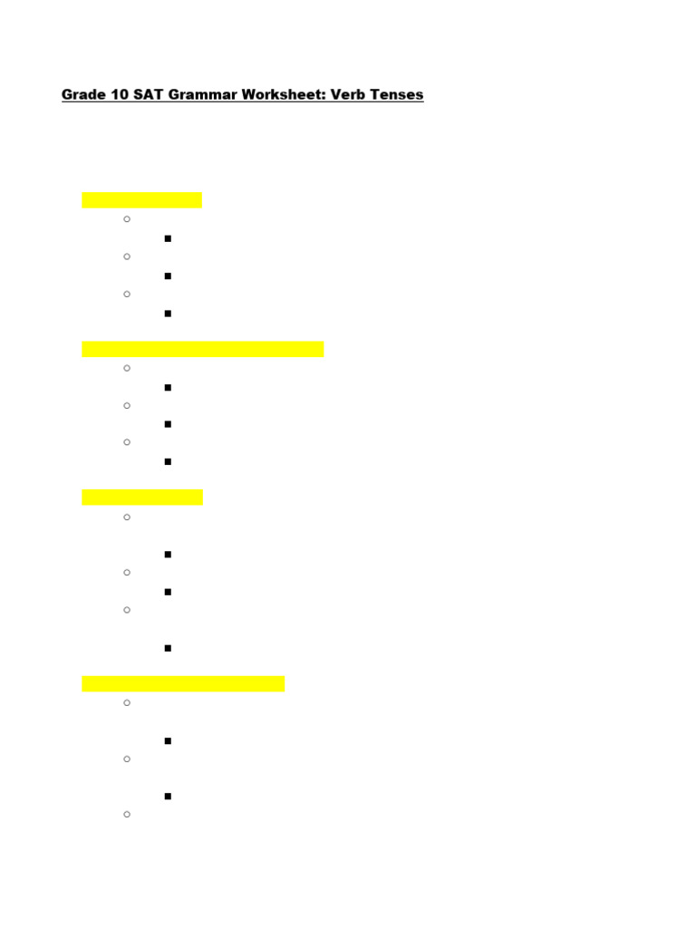 Grade 10 SAT Verb Tenses Worksheet | PDF | Perfect (Grammar ...