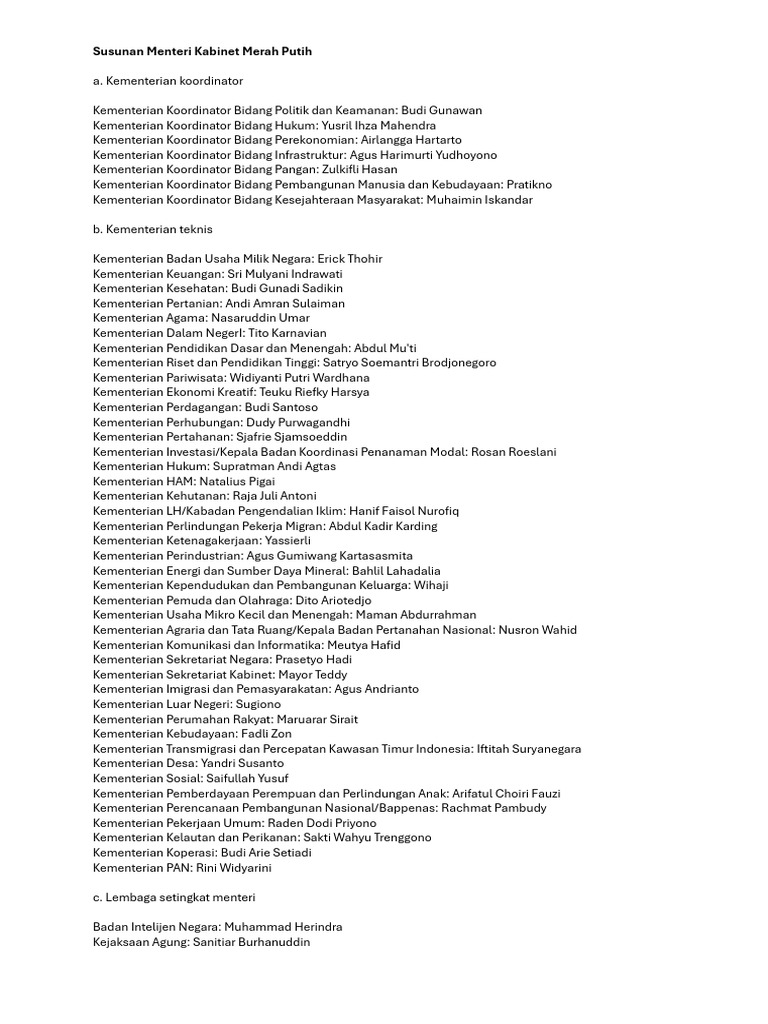 Susunan Menteri Kabinet Merah Putih | PDF
