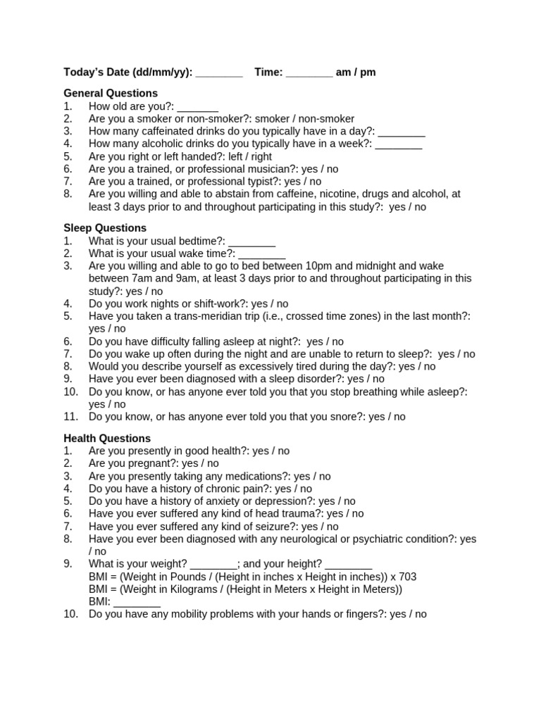 Telephone Screening Questionnaire | PDF | Sleep | Clinical Medicine