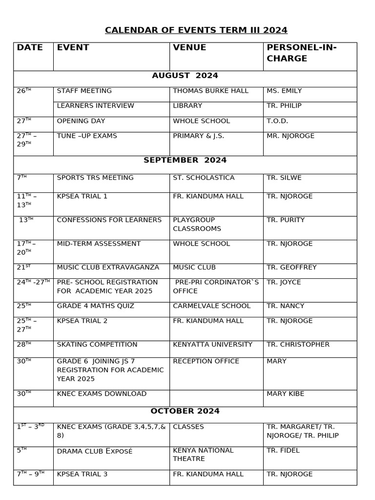 Calendar of Events Term Iii 2024 Whatsapp | PDF