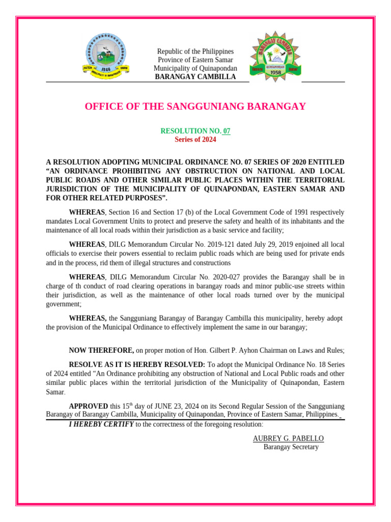 Resolution on Public Road Obstruction | PDF | Government | Justice