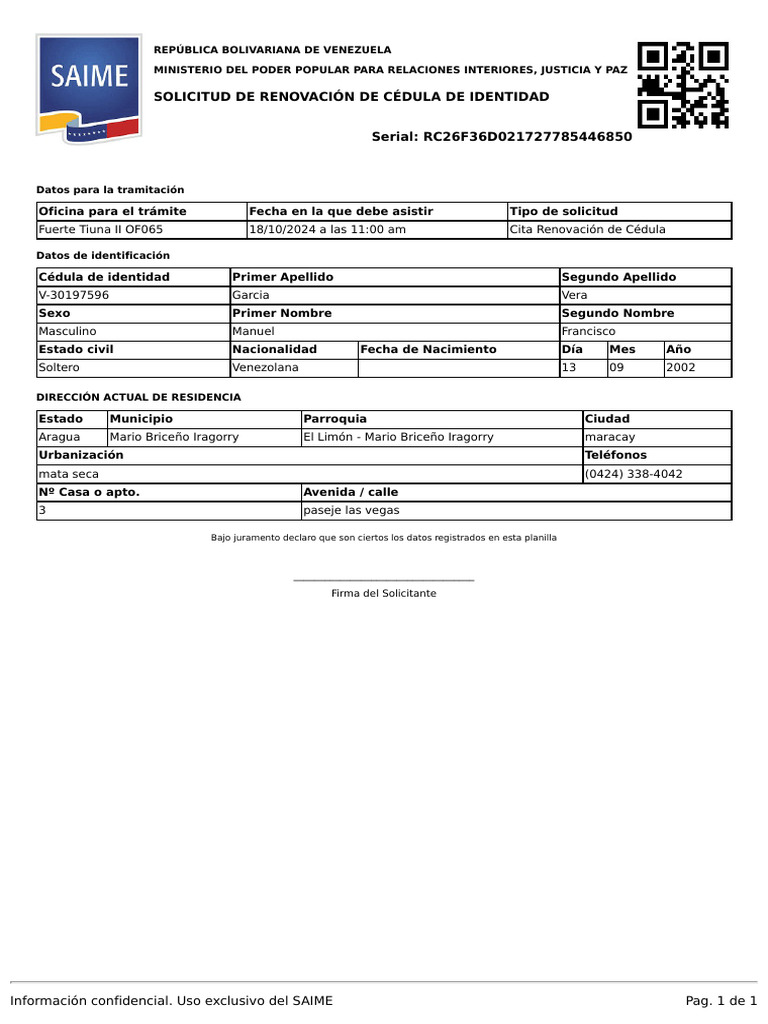 Renovación Cedula Manuel | PDF | Documento de identidad | Venezuela