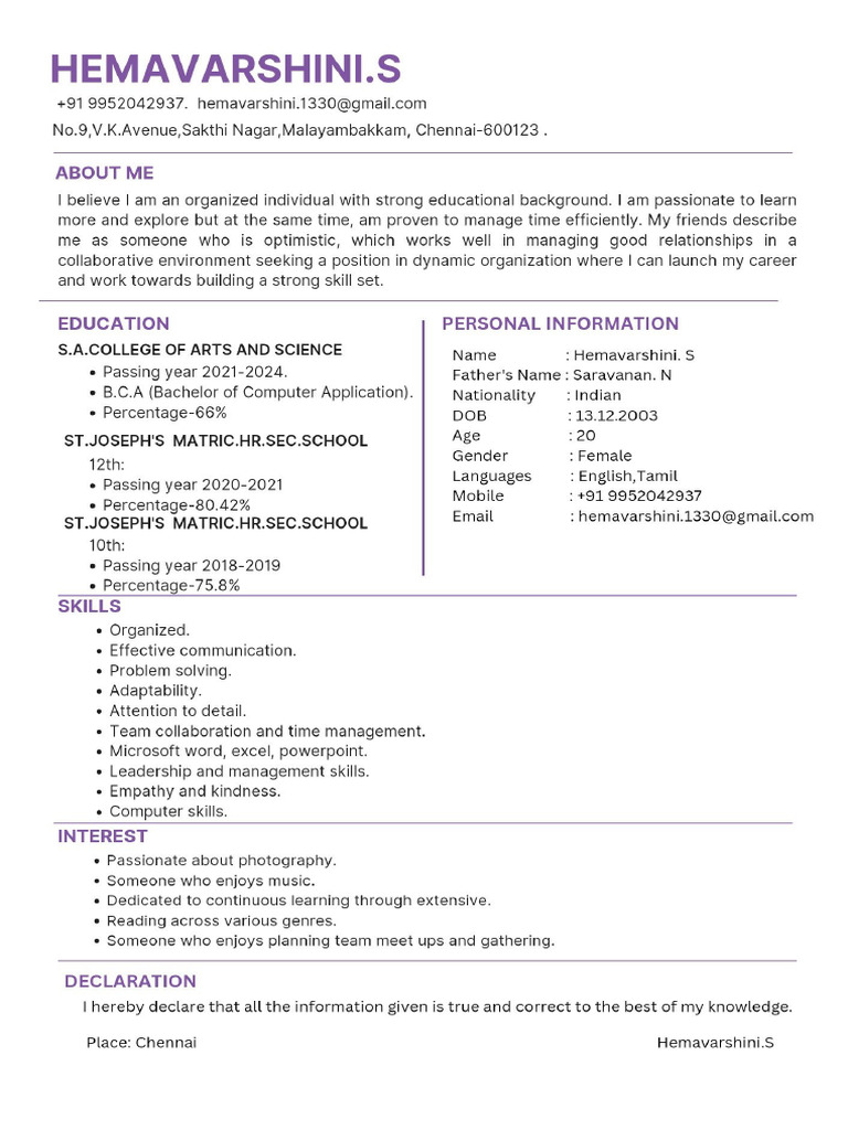 Hemavarshini Resume | PDF