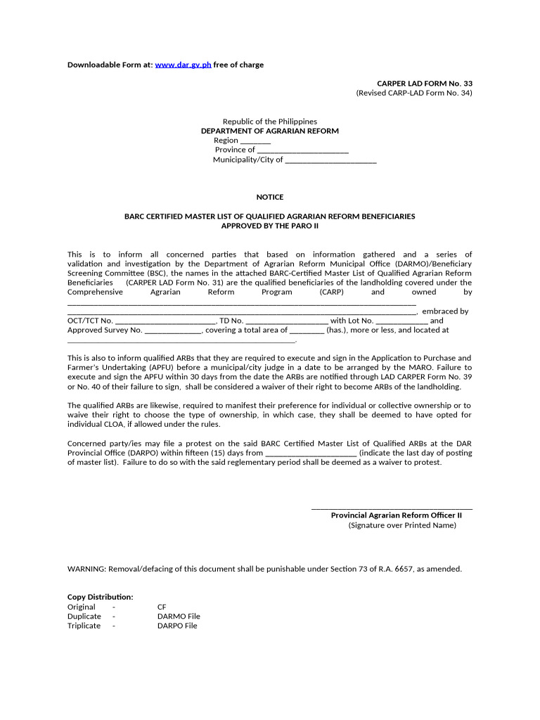 Carper Lad Form No 33 Notice On The Barc Certified Master List | PDF ...