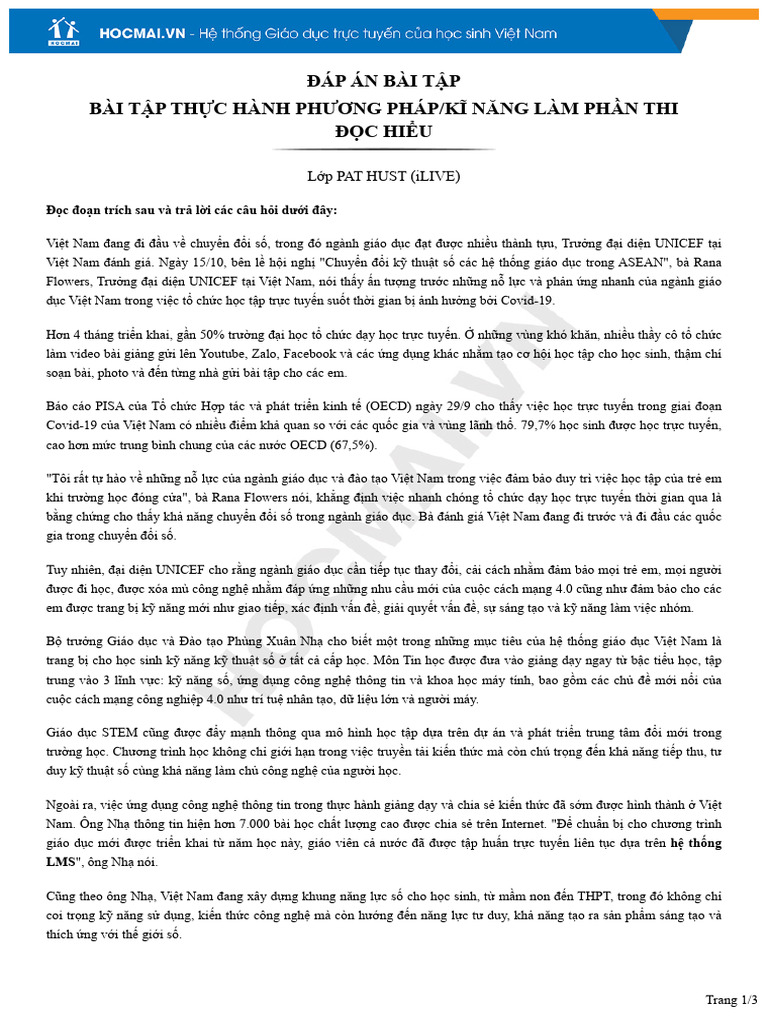 Đáp án BTVN Đọc hiểu buổi - 01 | PDF