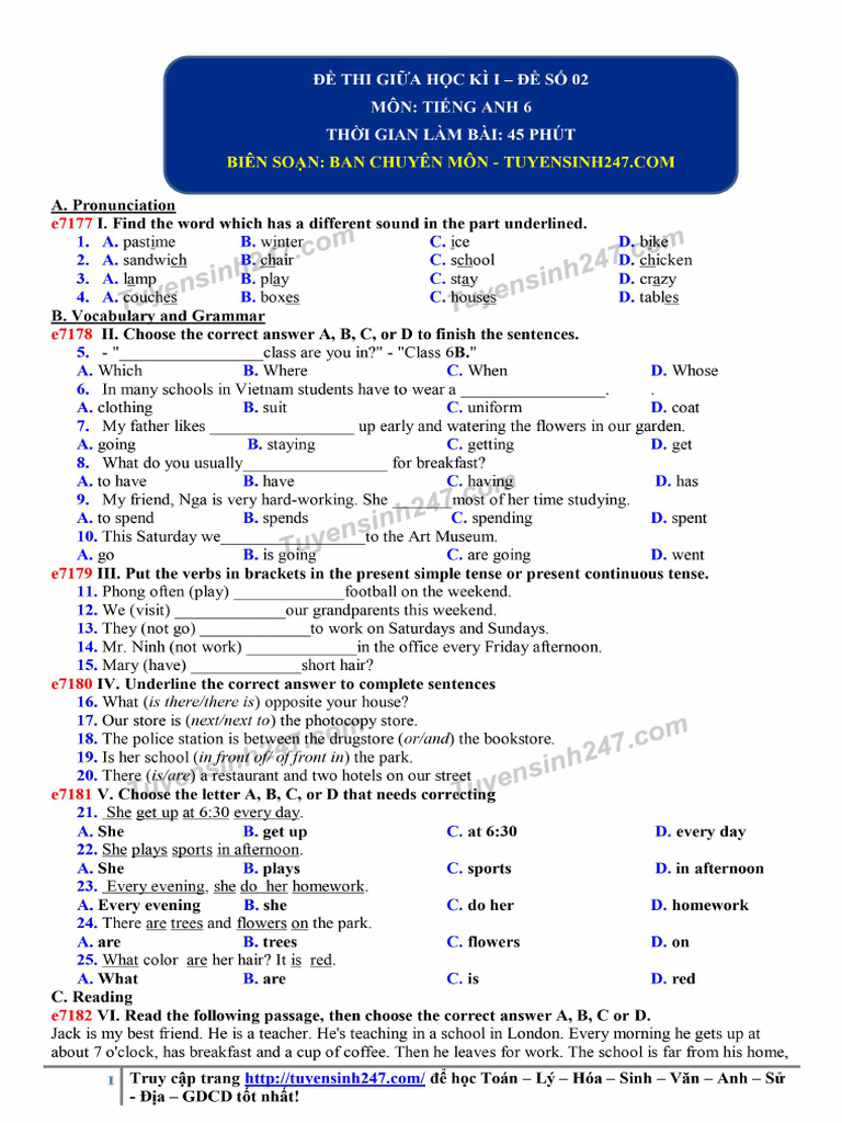 2 de On Tap Giua hk1 Tieng Anh 6 de So 2 | PDF