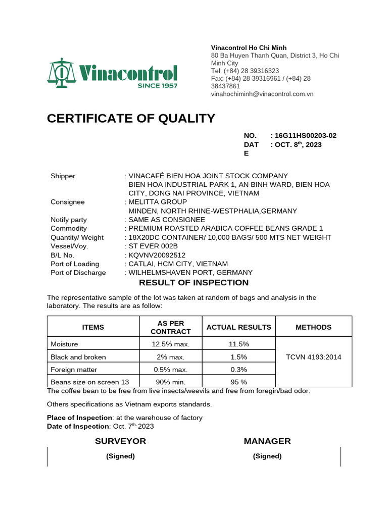 Vinacontrol Quality Certificate for Coffee | PDF | Agriculture | Drink