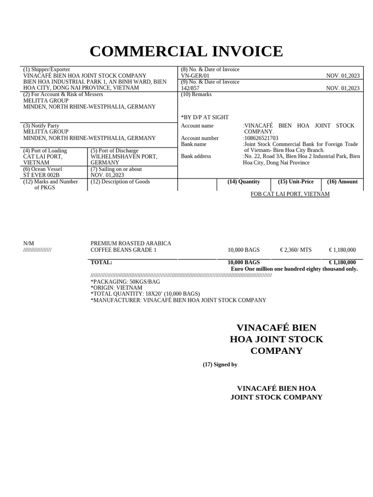 COMMERCIAL INVOICE - IEI301 - GA - Cafe | PDF | Drink | Coffee