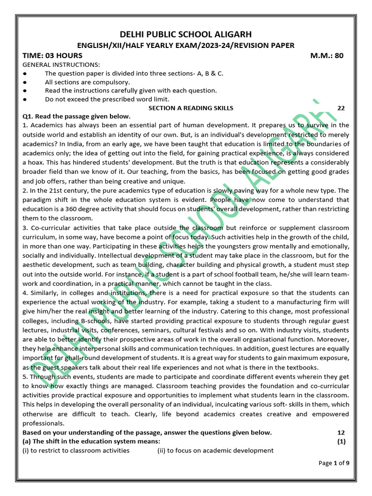 Xii Eng Half Yearly 2023-24 Revision Paper | PDF | Lecture | Adolescence