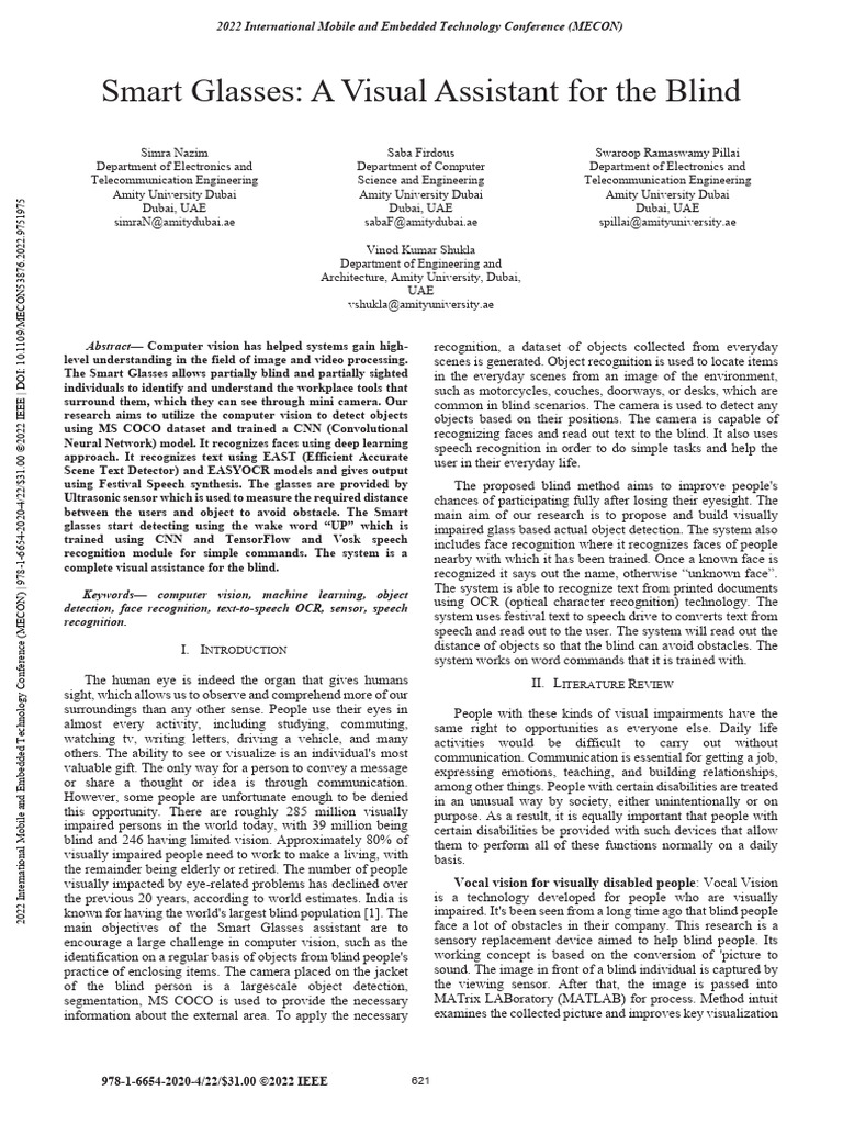 Smart Glasses A Visual Assistant For The Blind | PDF | Optical Character Recognition | Speech ...