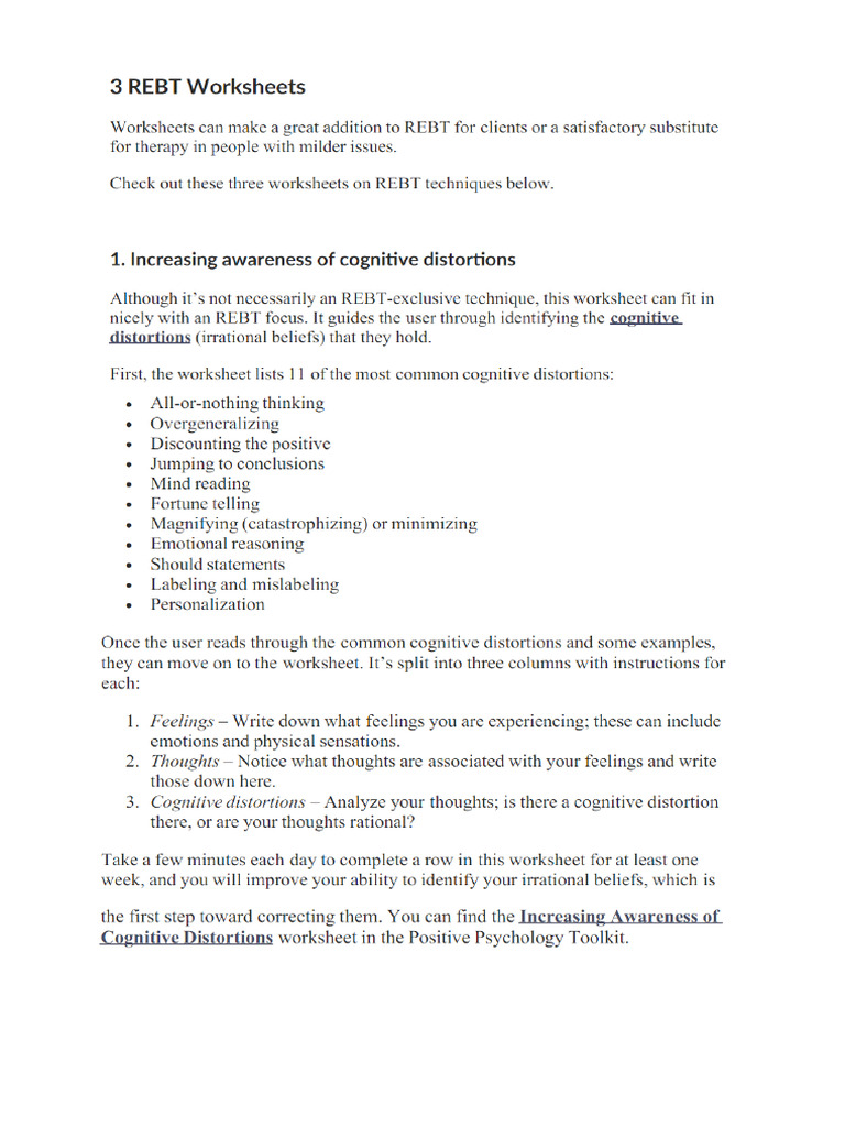 3 REBT Worksheets 1. Increasing Awareness of Cognitive Distortions | PDF