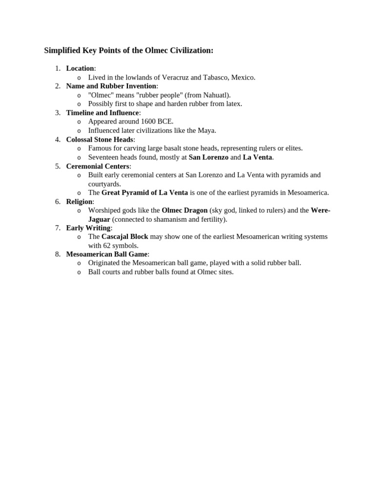 Simplified Key Points of The Olmec Civilization | PDF | Mesoamerica ...