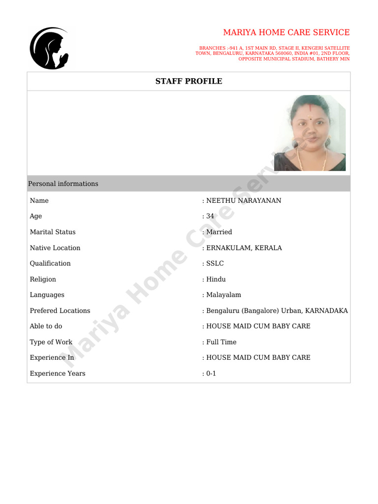 Neethu Narayanan-House Maid Cum Baby Care | PDF