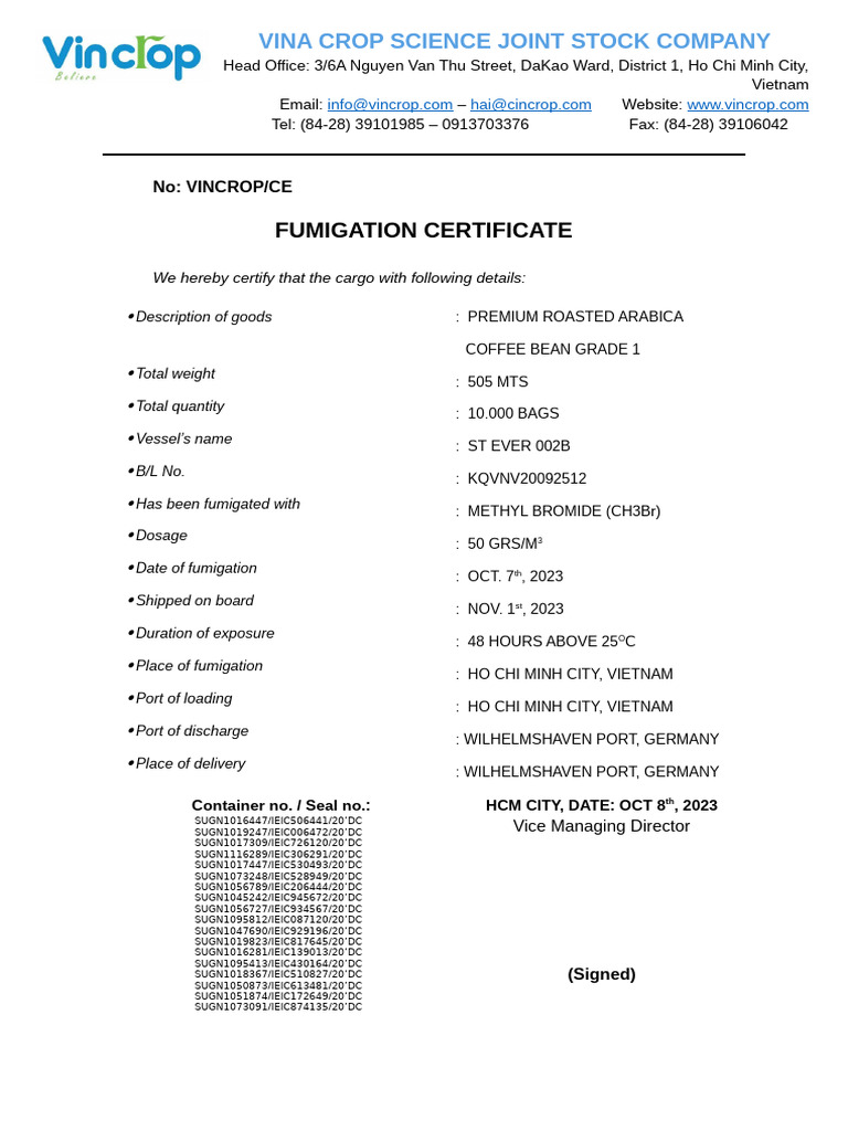 FUMIGATION CERTIFICATE - IEI301 - GA - Cafe | PDF | Agriculture | Drink