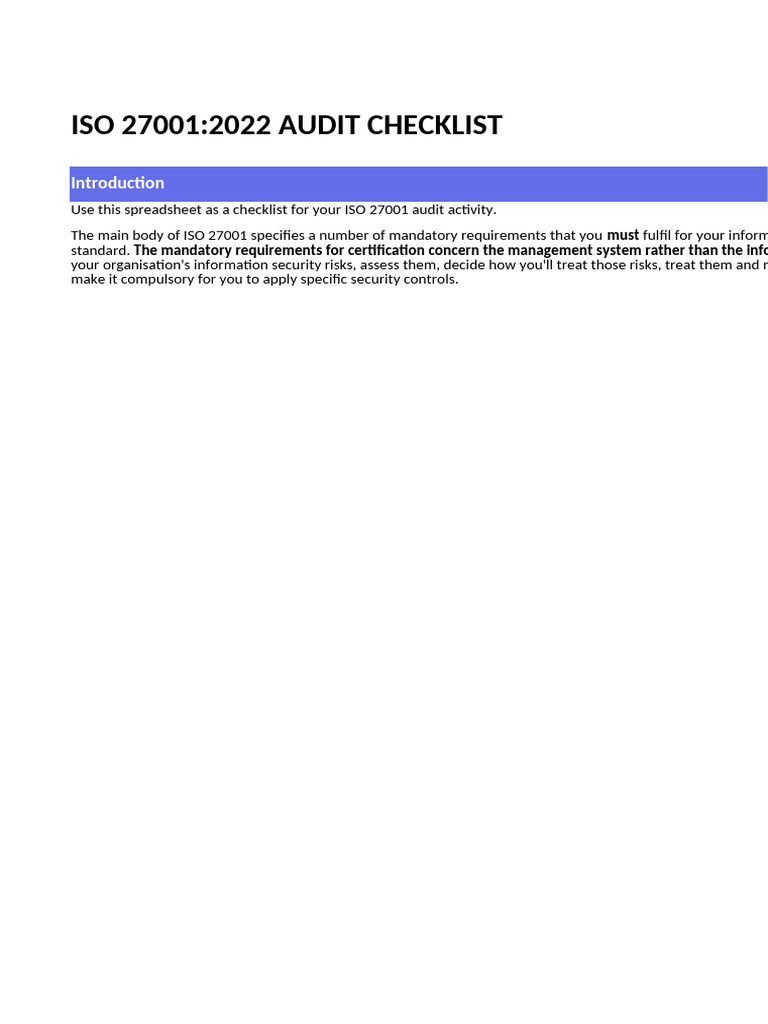Iso 27001 Audit Checklist Pdf Information Security Computer Security