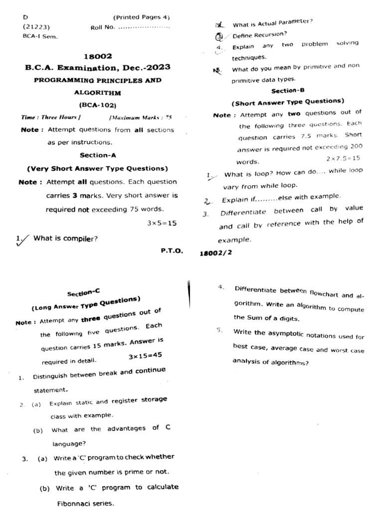 Bca 1 Sem Programming Principles and Algorithm 18002 Dec 2023 | PDF