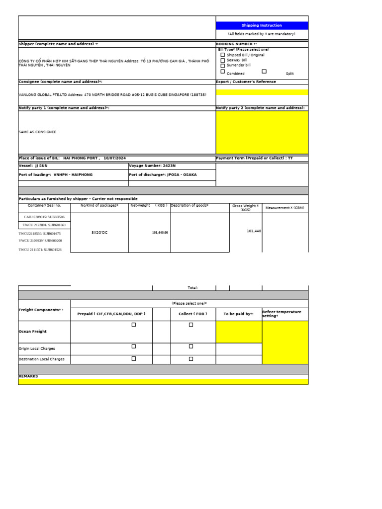 SI Form | PDF | Shipping | Supply Chain Management