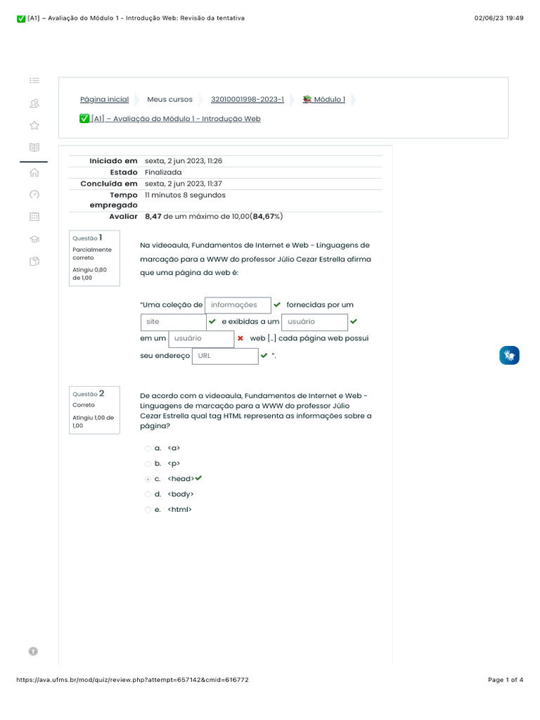 A1 Avaliacao Do Modulo 1 - Introducao Web Revisao Da Tentativa6 | PDF ...