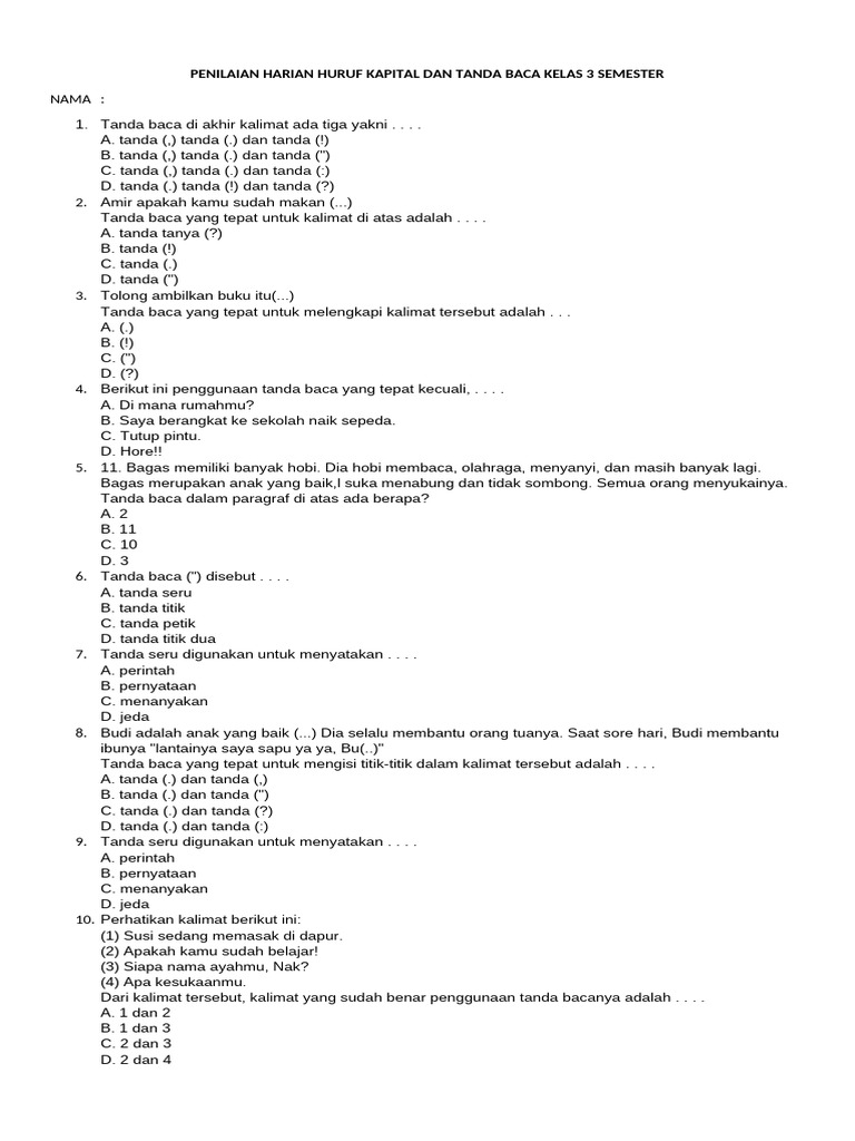 Penilaian Harian Huruf Kapital Dan Tanda Baca Kelas 3 Semester | PDF