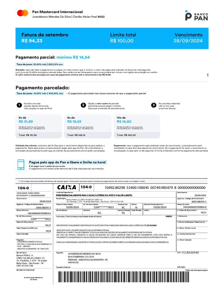 Fatura e Pagamento do Cartão Pan Mastercard | PDF | Cartão de crédito ...