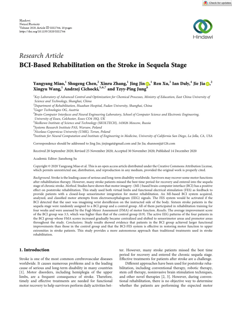 Neural Plasticity - 2020 - Miao - BCI Based Rehabilitation On The ...