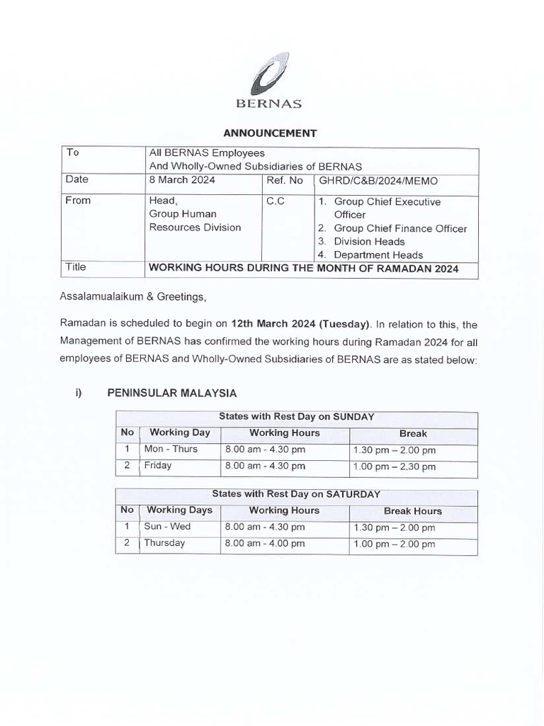 Ramadan Working Hours 2024 (English Version) | PDF
