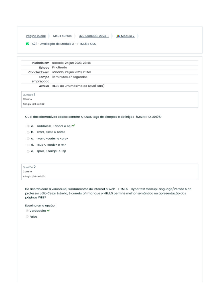 A2 Avaliacao Do Modulo 2 HTML5 e CSS - Revisao Da Tentativa2 | PDF ...