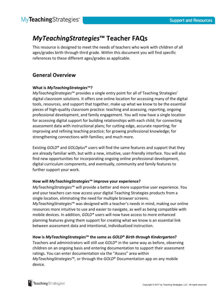MyTeachingStrategies - Teacher FAQs - V1 | PDF | Mobile App | Teachers