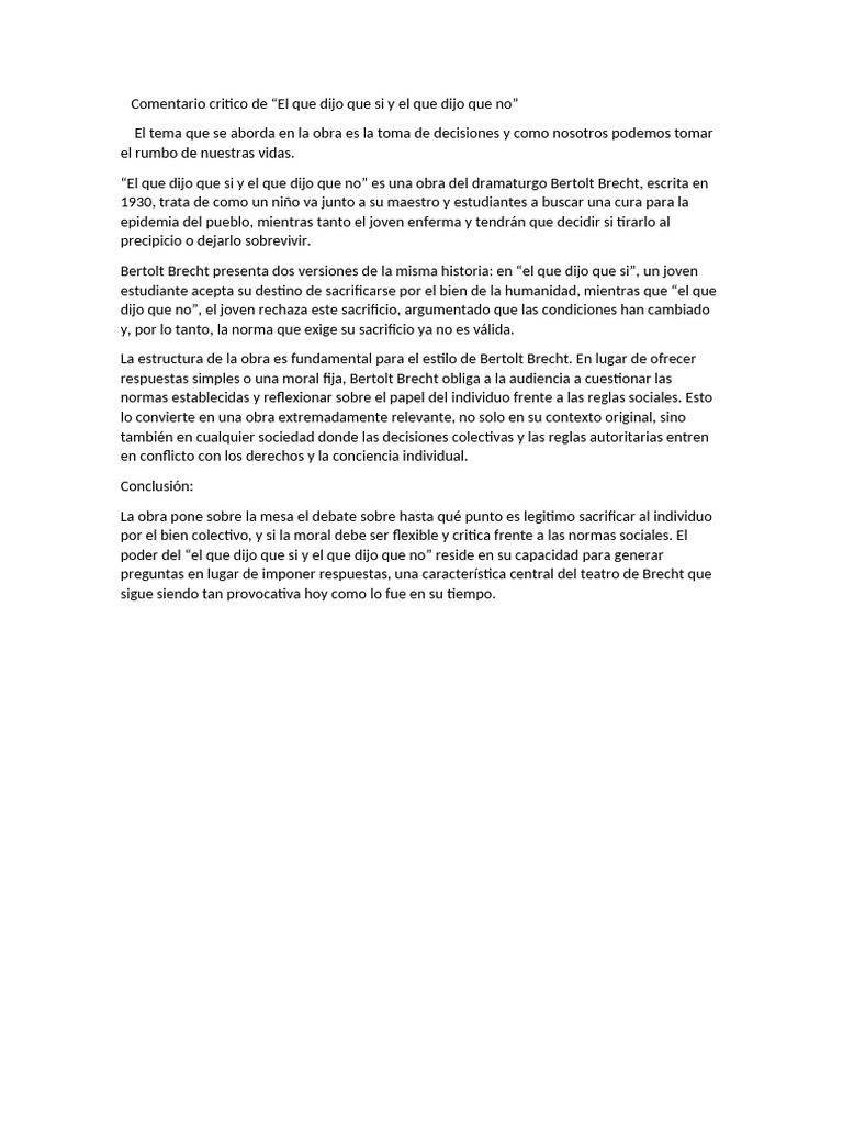 Análisis de "El que dijo que sí y no" | PDF