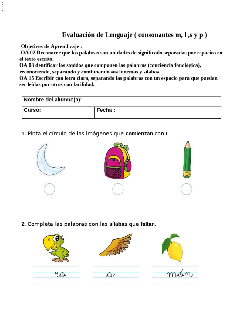 Evaluación de Letra M, L, S y P | PDF | Estudios de idiomas extranjeros