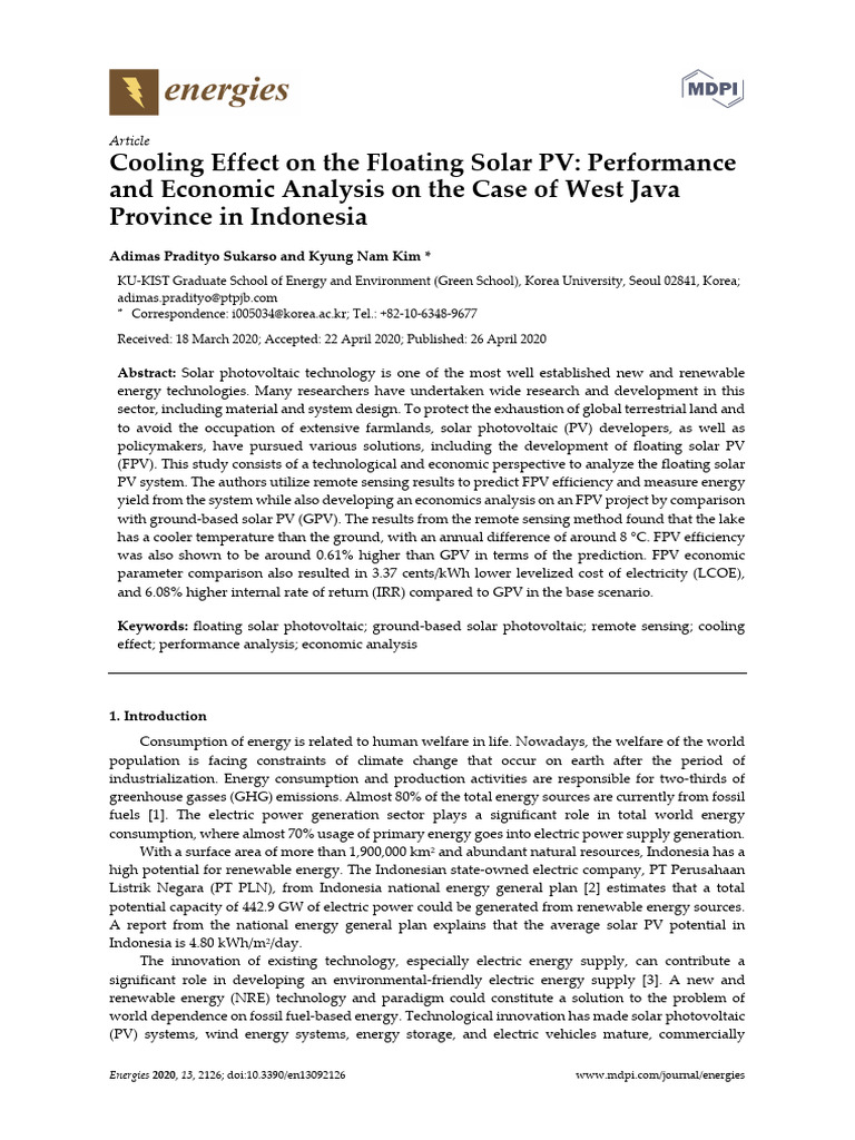 Cooling Effect On The Floating Solar PV: Performance and Economic Analysis On The Case of West ...