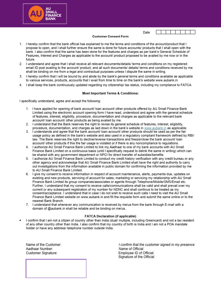Customer Consent Form: Most Important Terms & Conditions | PDF | Banks ...