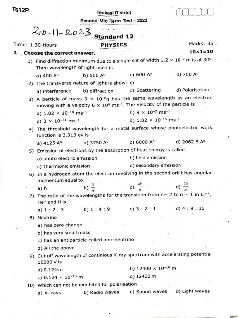 12th Physics EM 2nd Mid Term Exam 2023 Question Paper Thenkasi District English Medium PDF ...