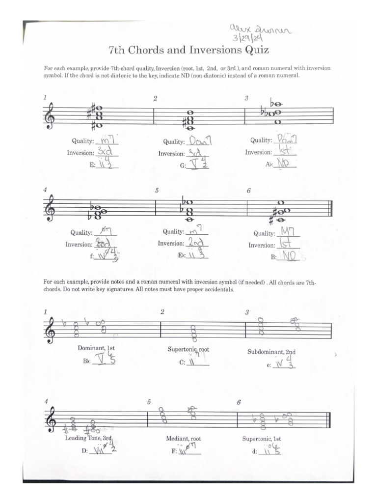 7th Chords and Inversions Quiz | PDF