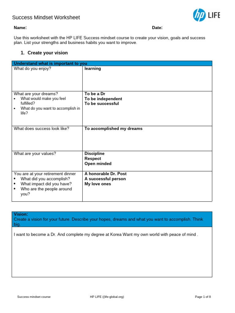 Success Mindshet Worksheet | PDF | Mindset | Consultant