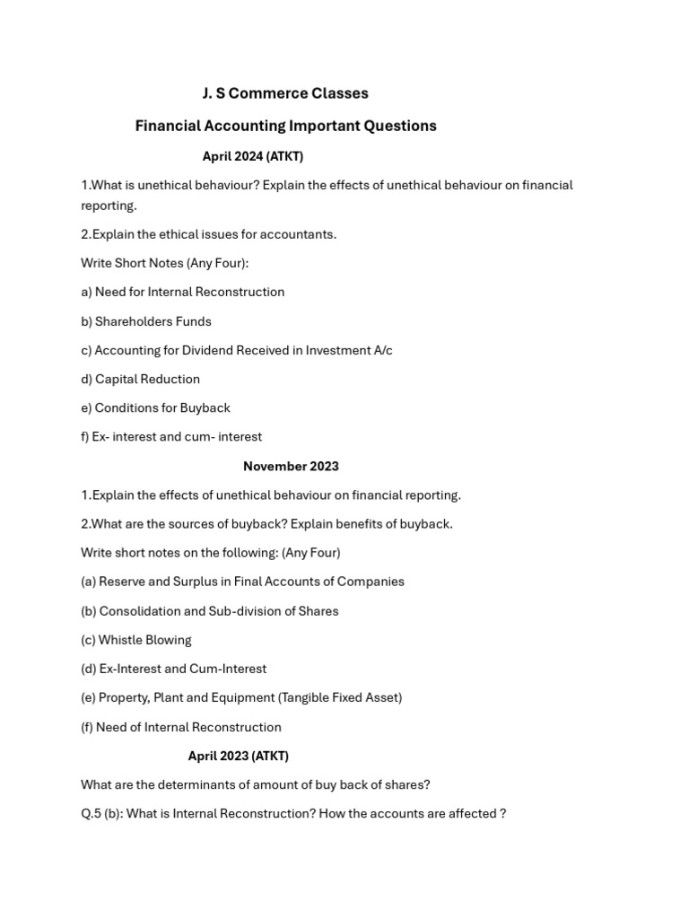 Financial Accounting Important Questions | PDF | Share Repurchase ...