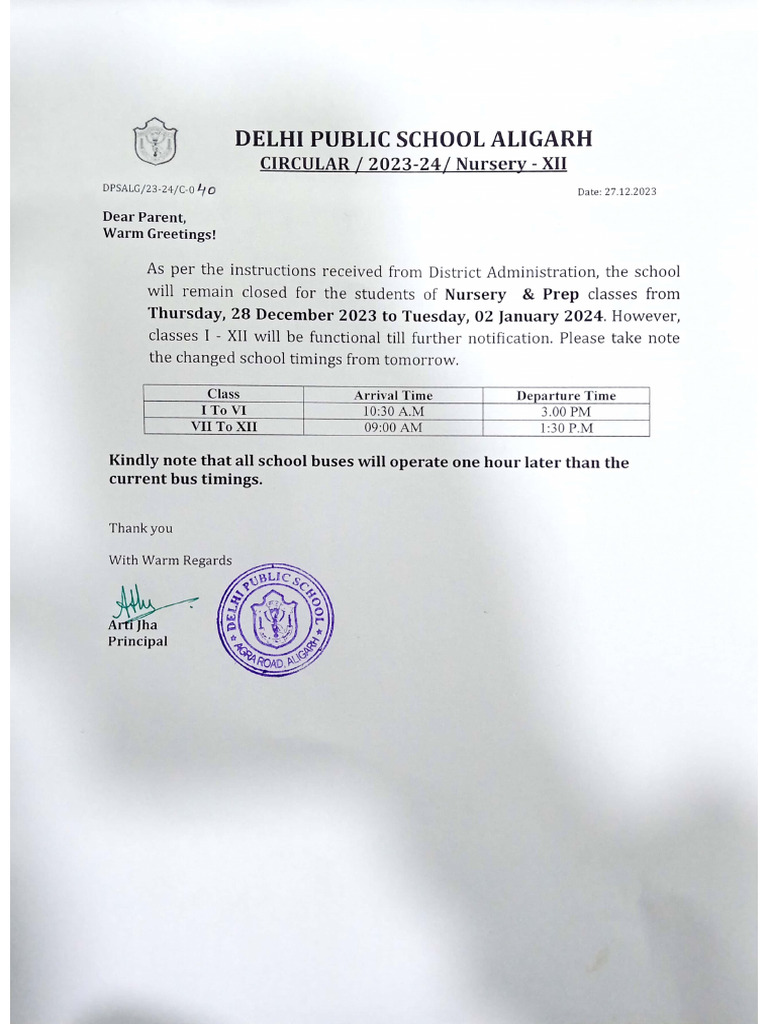 Circular For Change in School Timings - 1 | PDF