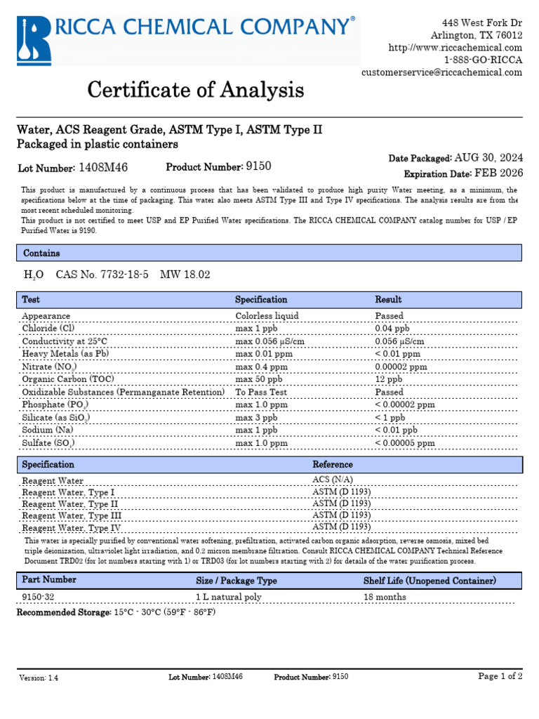 Item 1 - 13 9150-32 Agua Grado Reactivo Acs Astm Tipo I Astm Tipo Ii ...