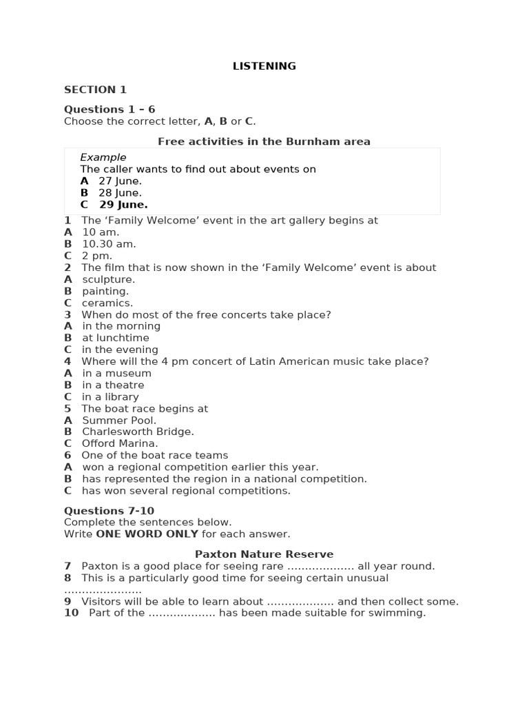 Section 1 Questions 1 - 6 Free Activities in The Burnham Area | PDF ...