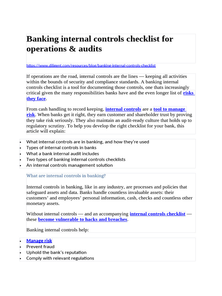 Banking Internal Controls | PDF | Internal Control | Internal Audit