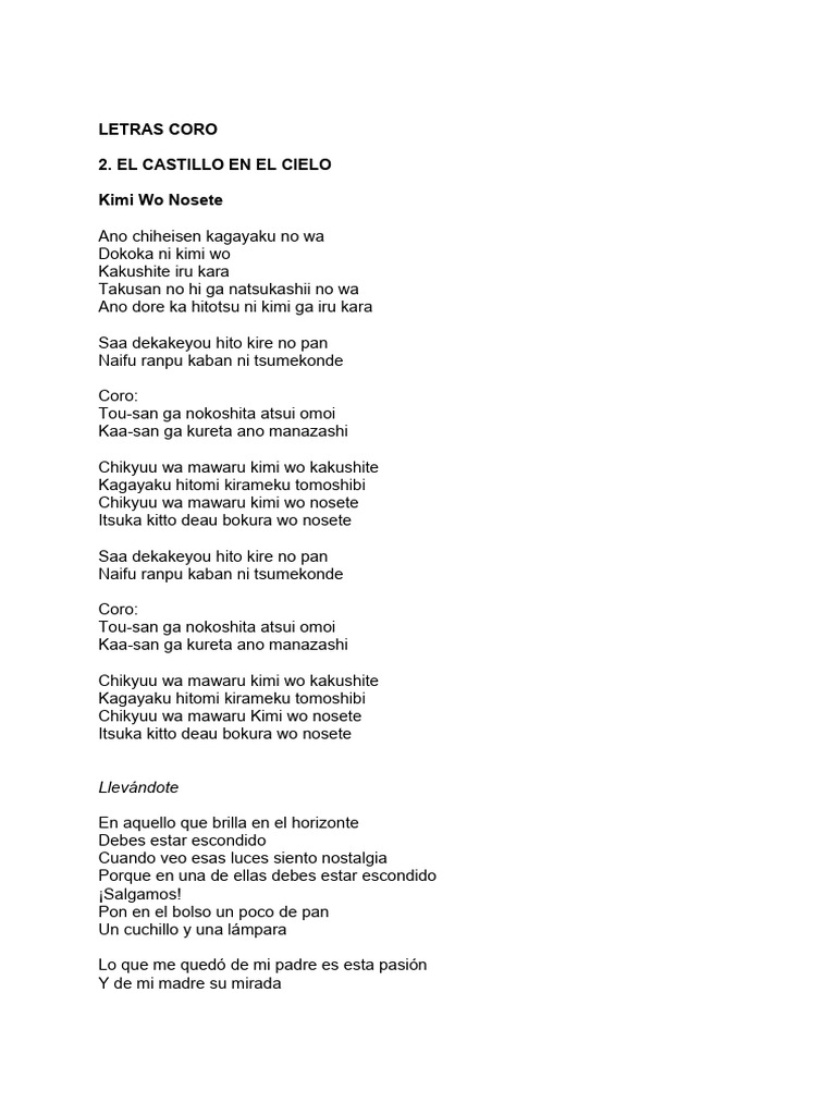 Letras Coro Kokorone Sinfónico | PDF