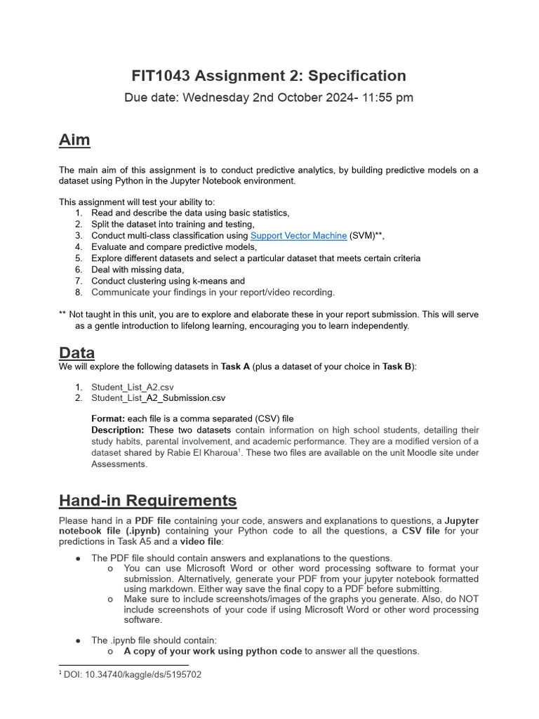 FIT1043 A2 Specification- S2 2024_gKs6arg | PDF | Comma Separated ...