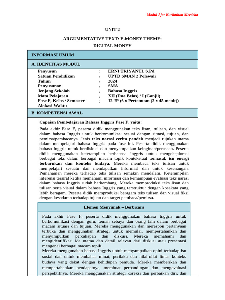 Modul Ajar Unit 2 Argumentative Text E Money | PDF