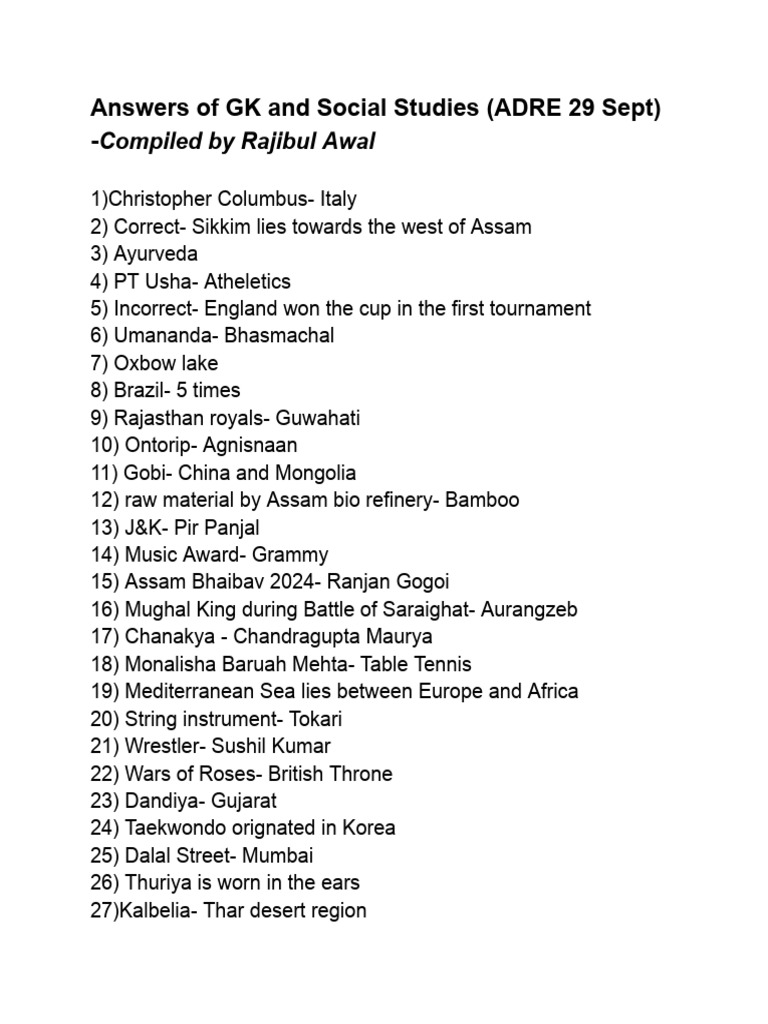 Answers of GK and Social Studies (ADRE 29 Sept) | PDF
