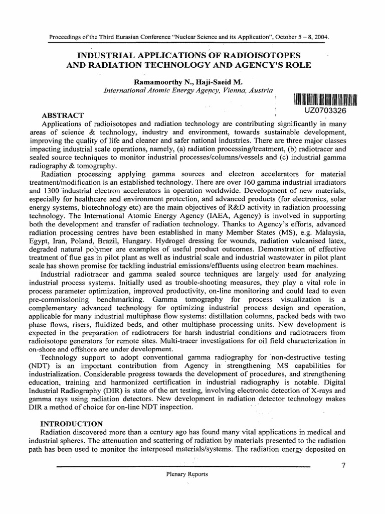 Industrial Applications of Radioisotopes and Radiation Technology and ...