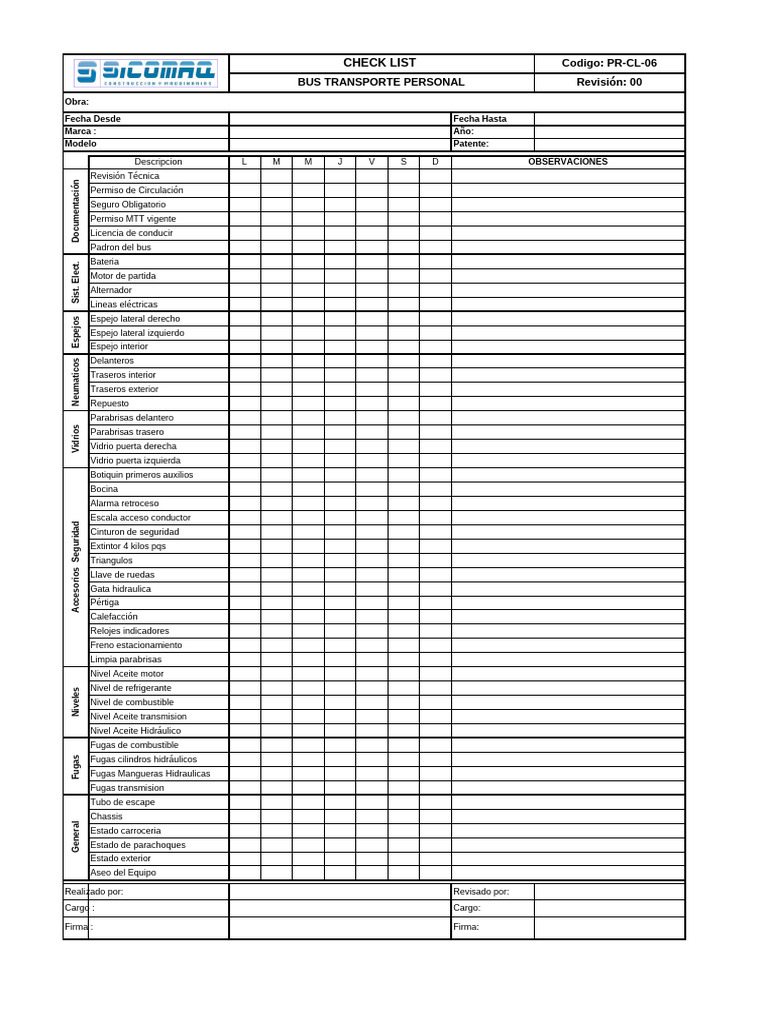 Check List - 06 Bus Transporte Personal | PDF | Tecnología de vehículos ...