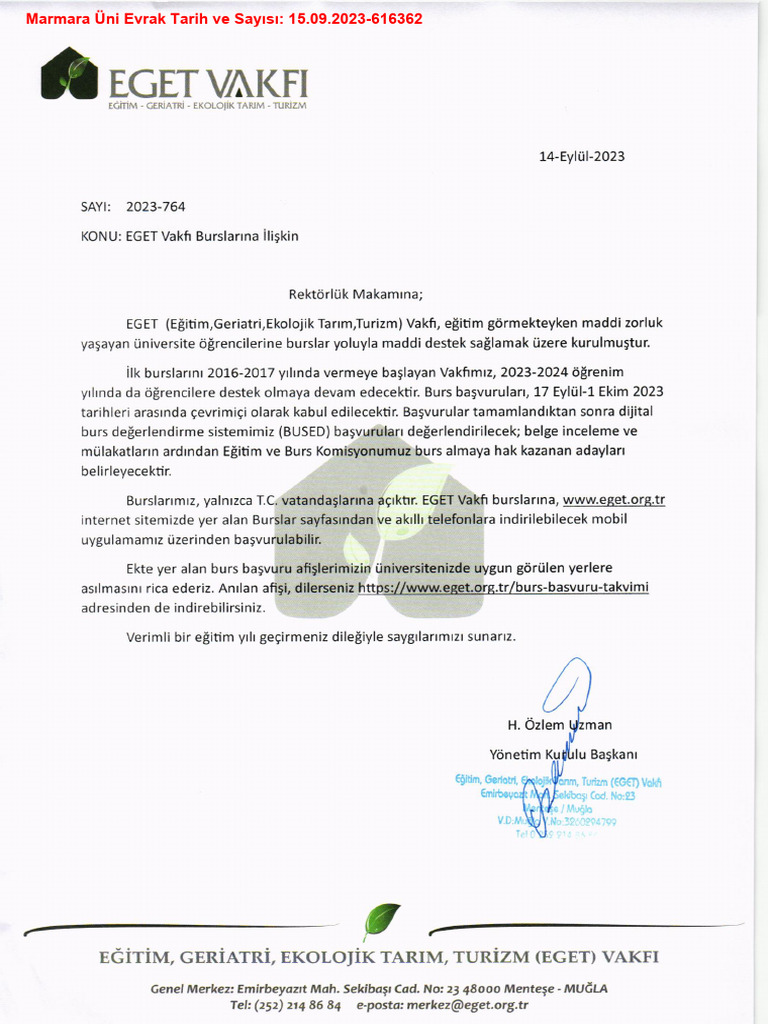 EGET Vakfı Burs Duyurusu | PDF