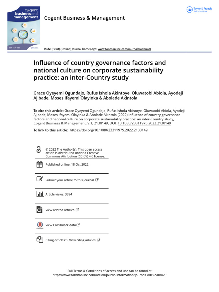 Influence of country governance factors and national culture on corporate sustainability ...