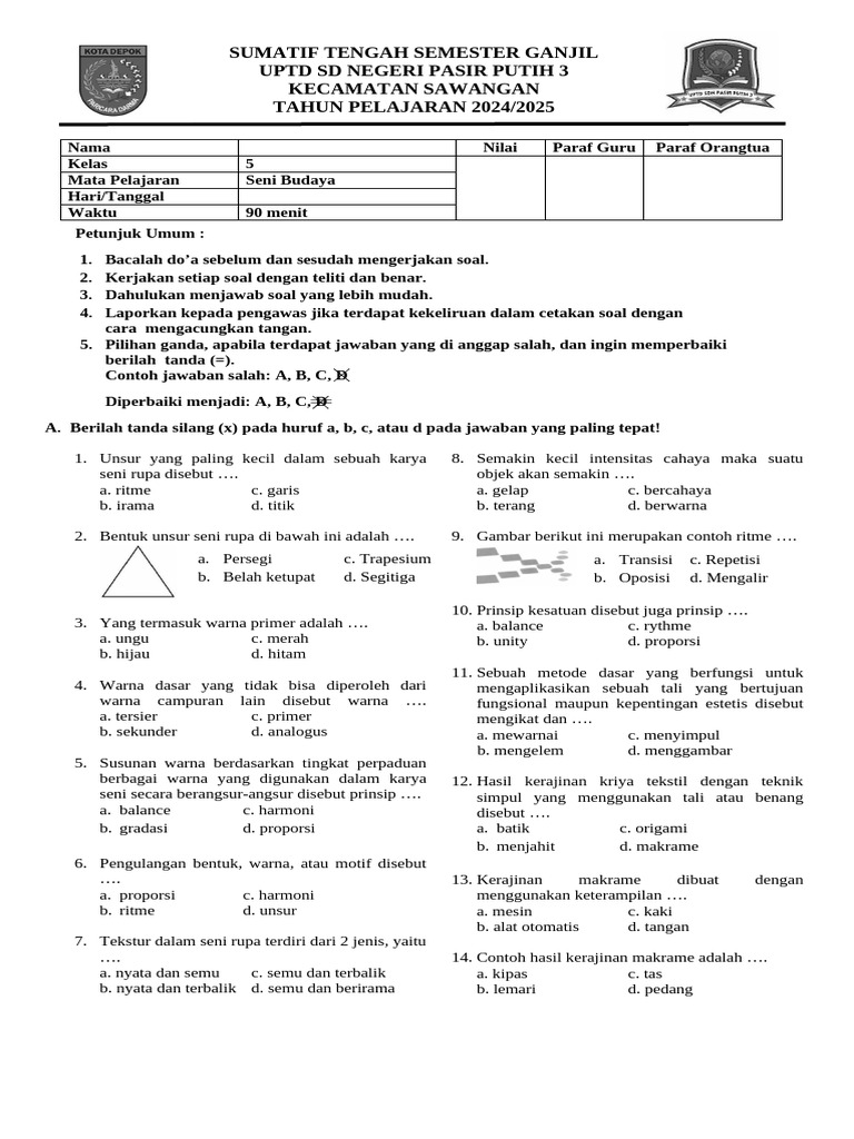 Soal STS Seni Budaya Semester Ganjil Kelas 5 TP. 2024-2025 | PDF